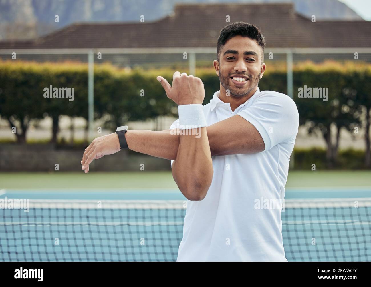 Man, court and stretching before tennis game for fitness, exercise and ...