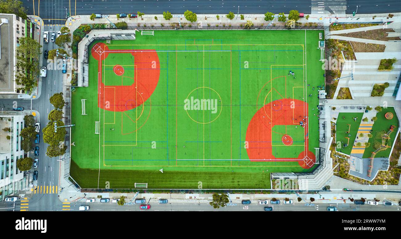 Straight down aerial view of James P Lang Athletic Fields Stock Photo - Alamy
