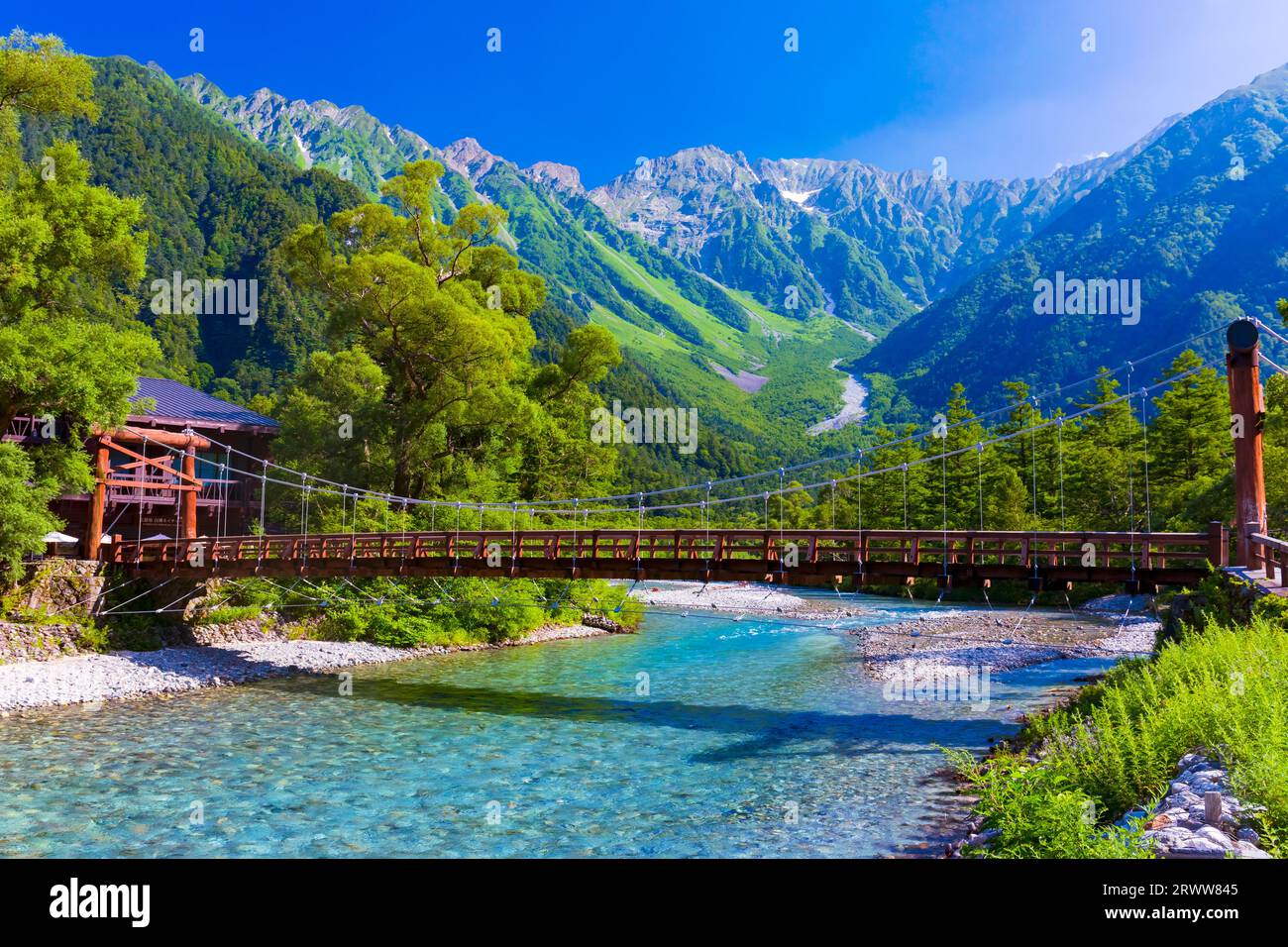 Azusa River and Kappa-bashi Bridge in Kamikochi Stock Photo - Alamy