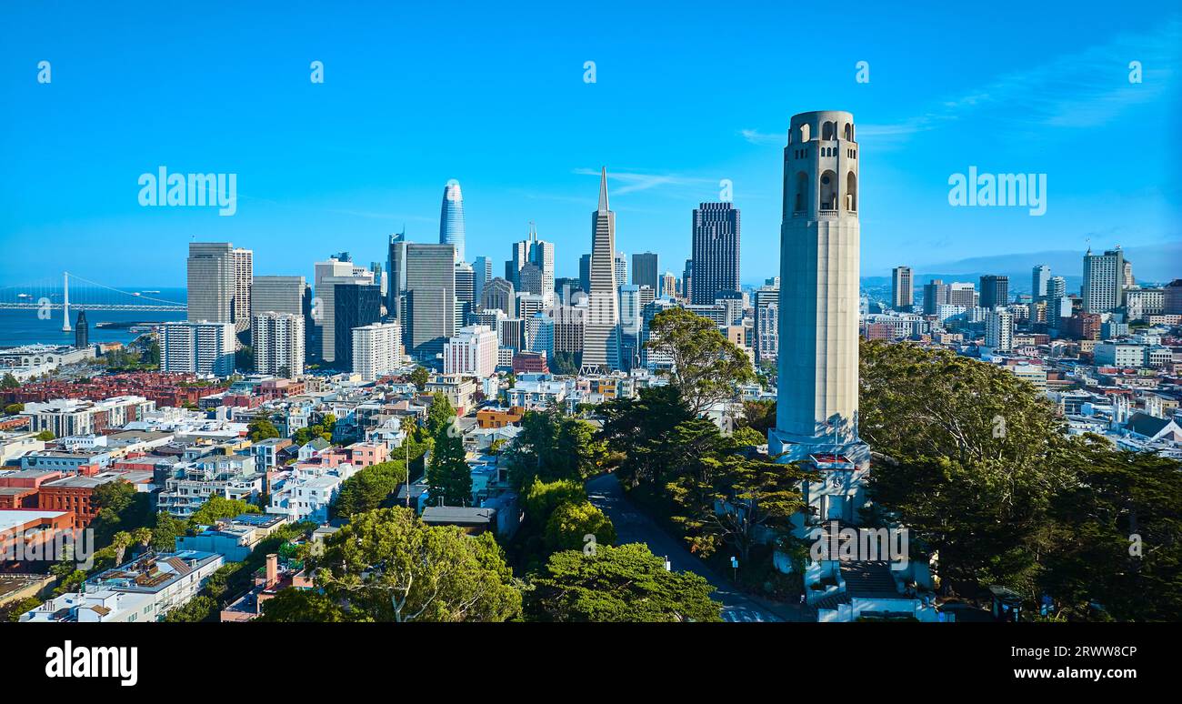 Aerial Telegraph Hill Coit Tower on blue sky day with downtown San ...