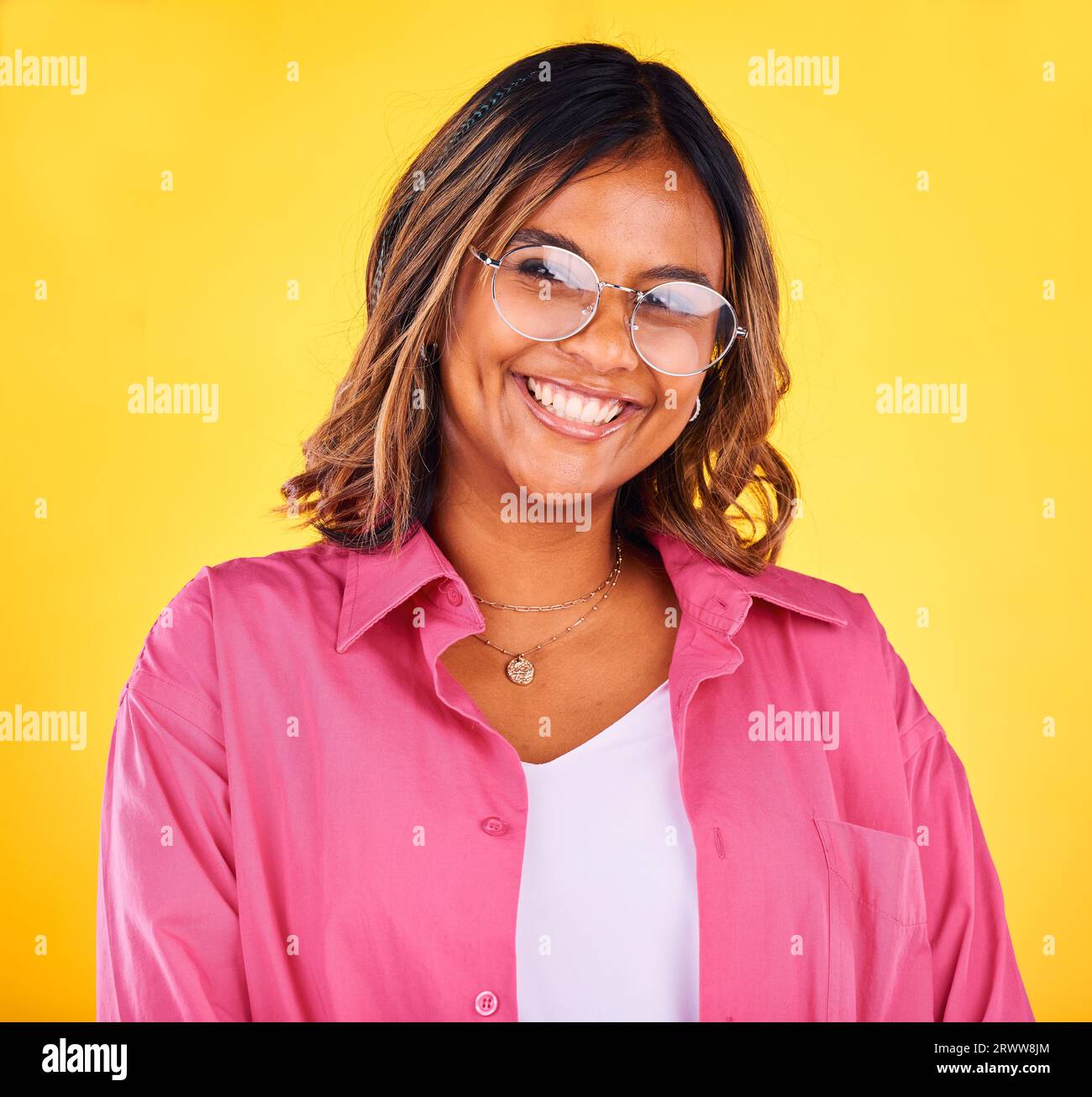 Happy, fashion and portrait of woman on yellow background with smile ...