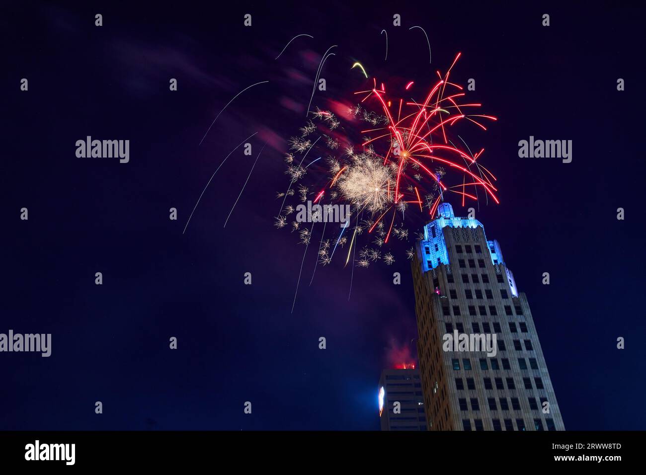 4th of July downtown Fort Wayne Lincoln Tower with blue lights and red ...