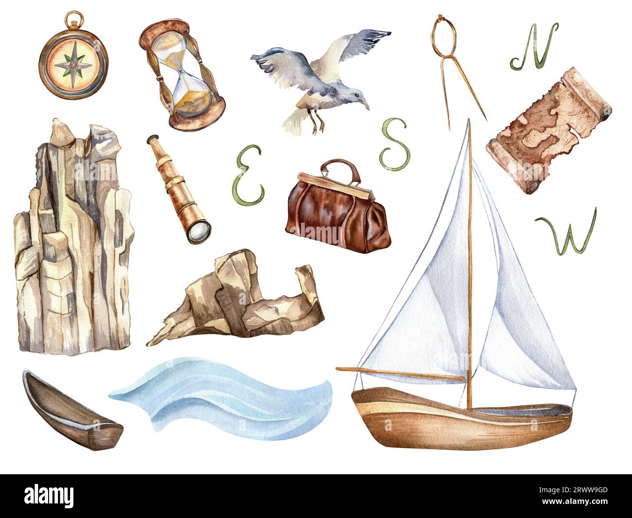Set of sailing ship, adventure items vintage style watercolor ...