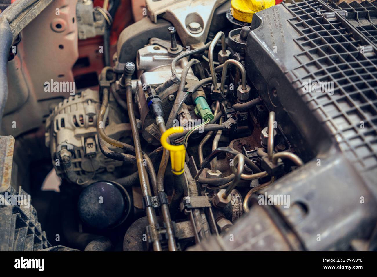 Diesel engine of a passenger car without a cover. Engine compartment ...