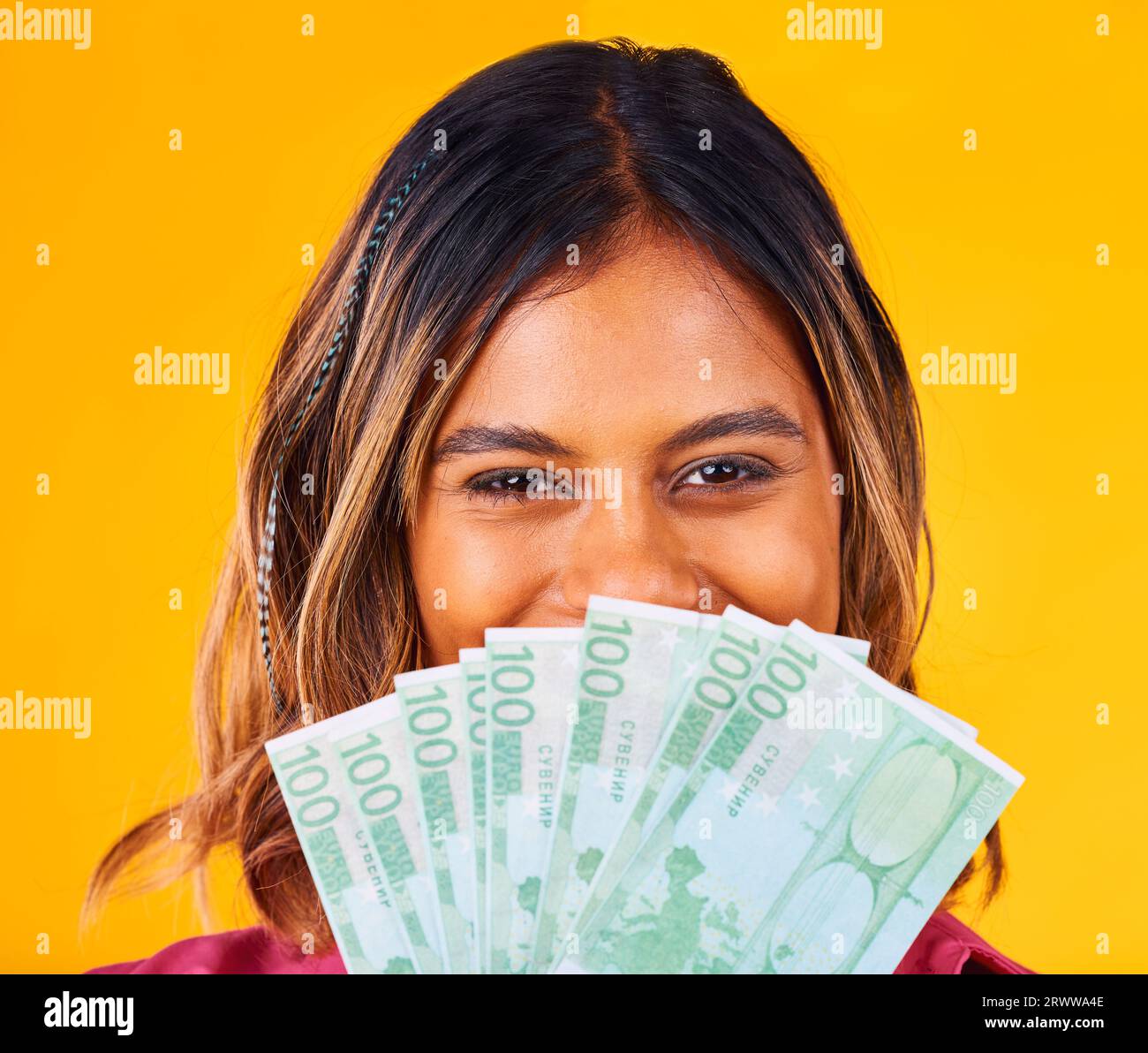 Woman, eyes and cash fan by face, financial freedom and wealth with ...