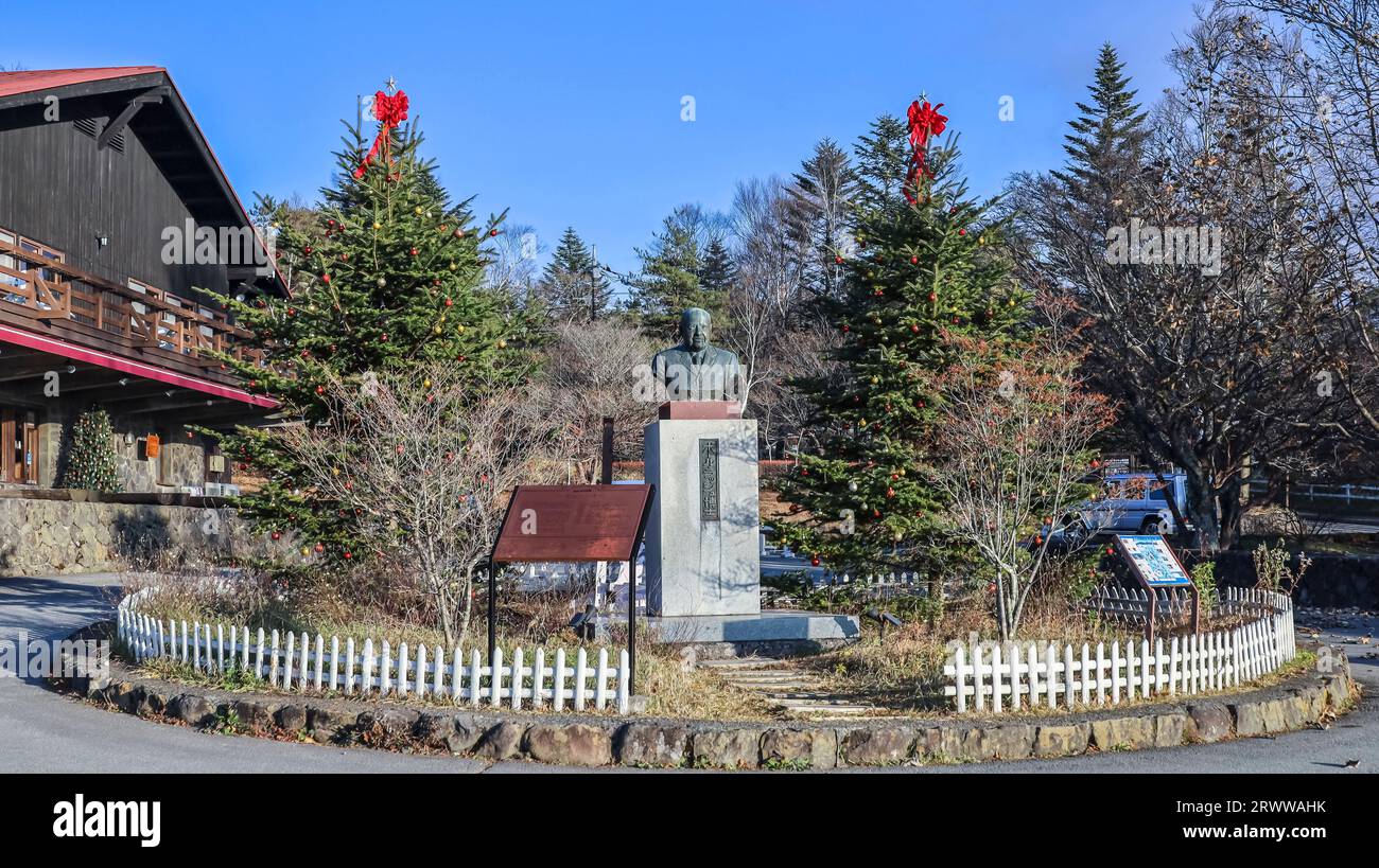 Statue of Dr. Paul Rush standing between two Christmas trees Stock ...