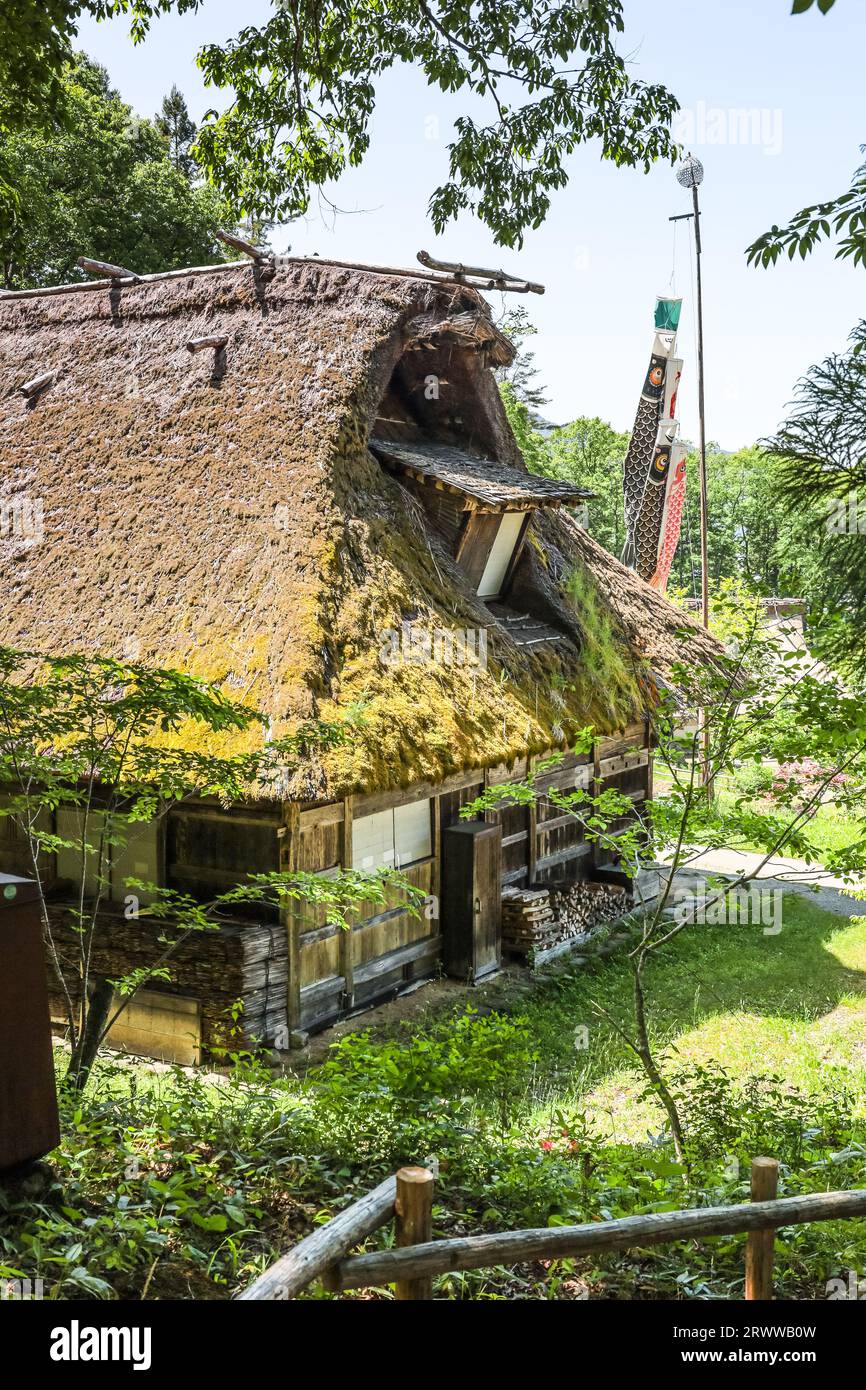 Former August 1st House with carp streamers in the village of Hida ...