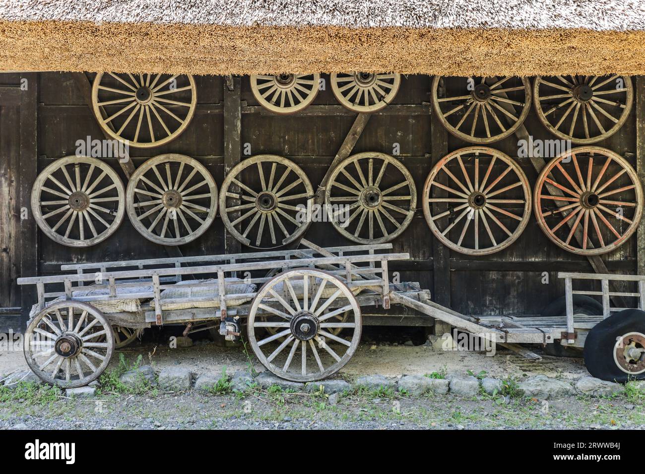 Hida village carts and wheels on display Stock Photo - Alamy