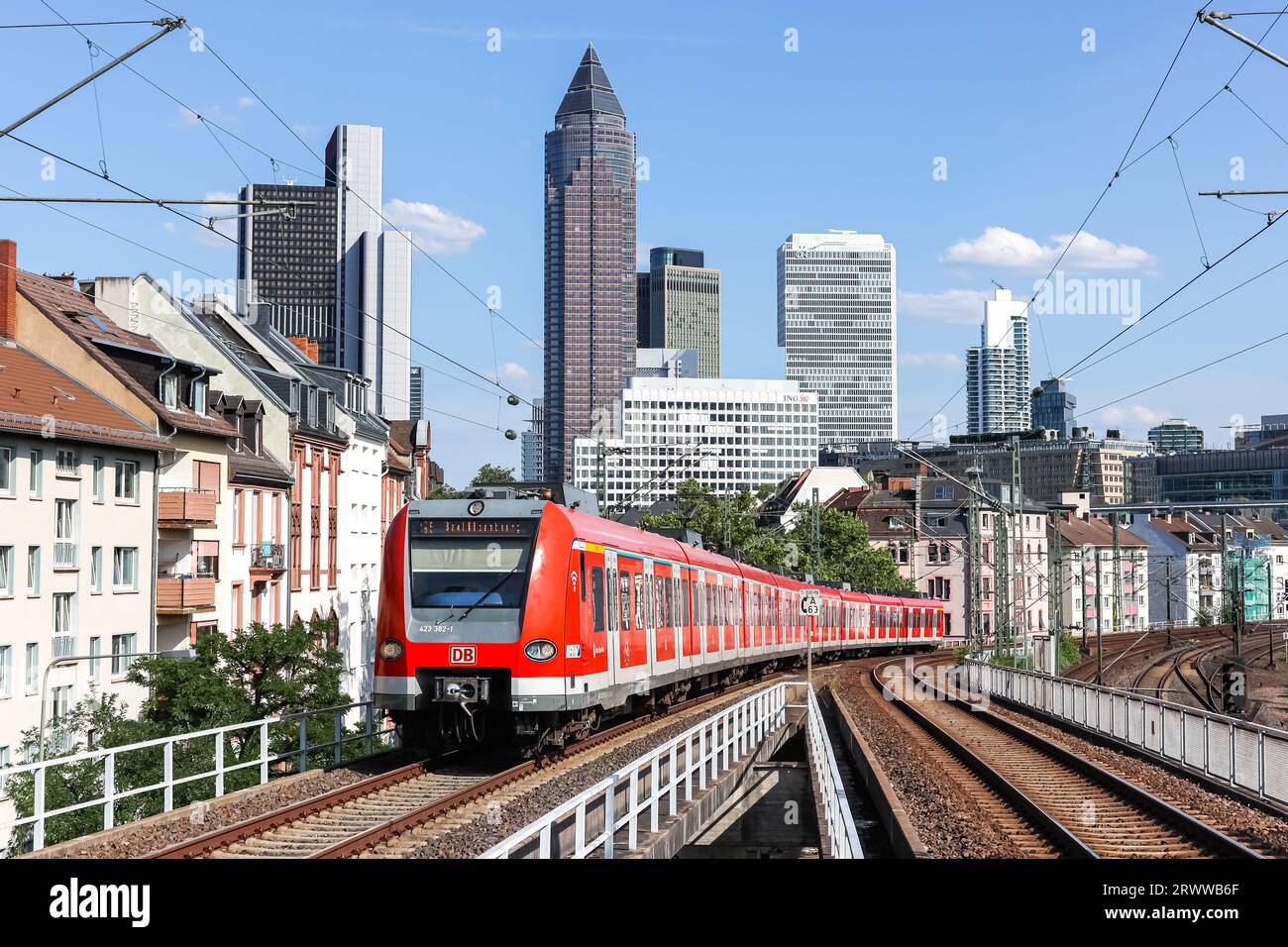 Frankfurt, Germany - July 18, 2023: S-Bahn commuter train of DB Deutsche Bahn at Frankfurt West ...