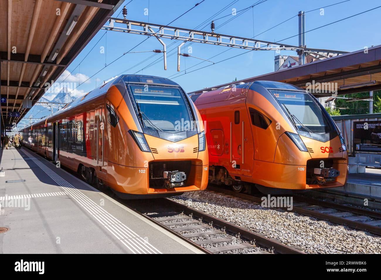 Arth, Switzerland - August 11, 2023: Passenger trains type Stadler ...