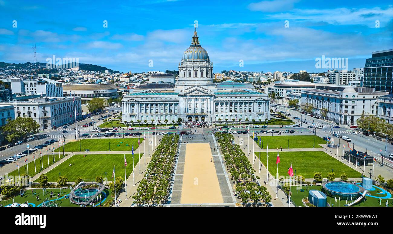 Straight on view of city hall aerial over Civic Center Plaza with blue ...