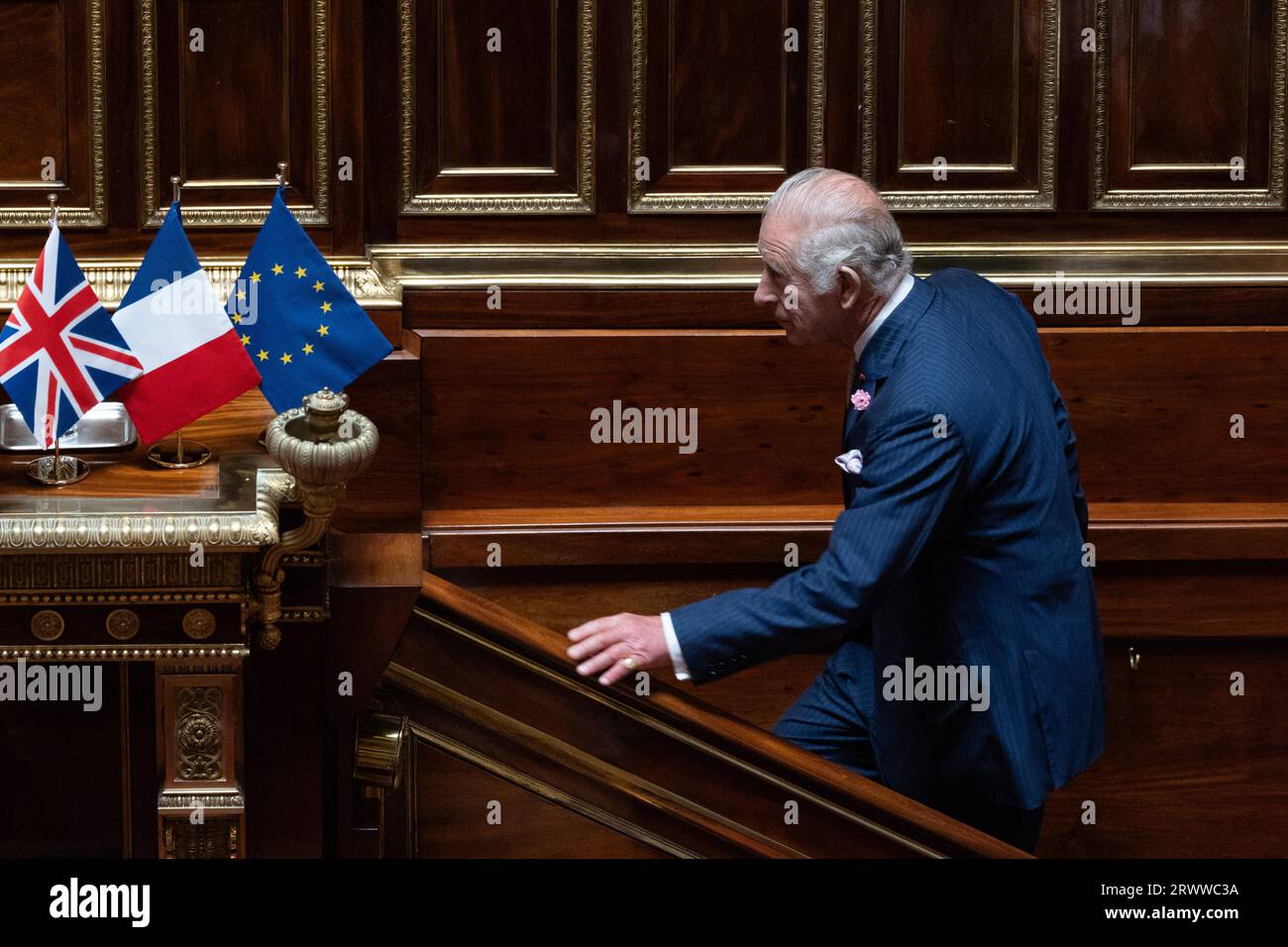 Paris, France. 21st Sep, 2023. Britain King Charles III addresses ...