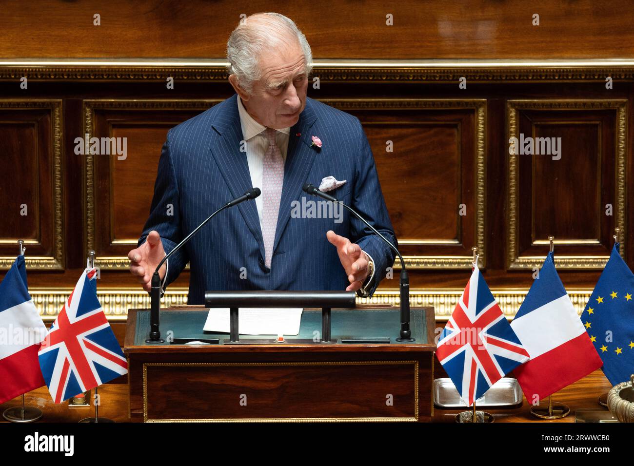 Paris, France. 21st Sep, 2023. Britain King Charles III addresses ...