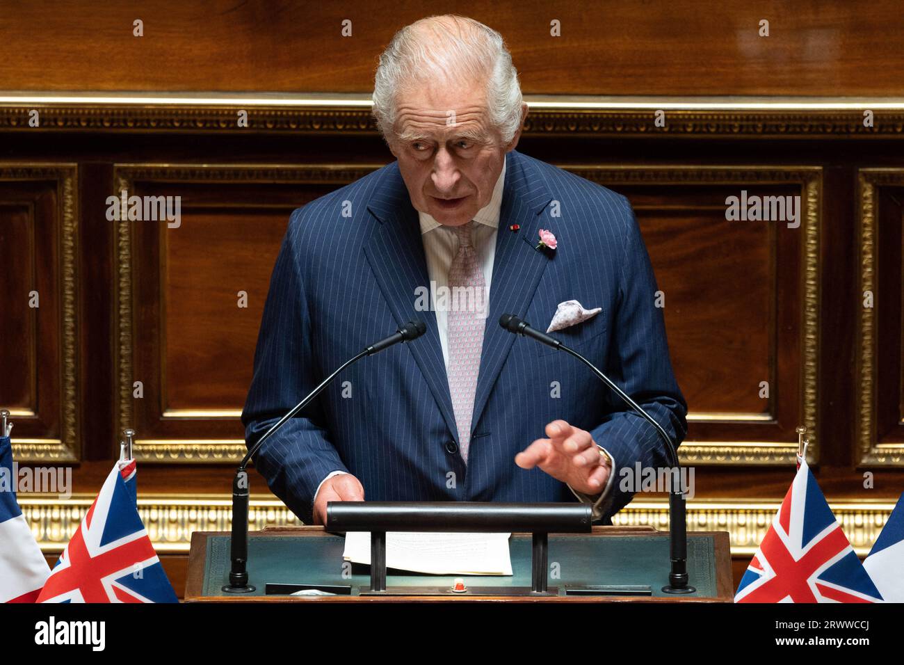 Paris, France. 21st Sep, 2023. Britain King Charles III addresses ...