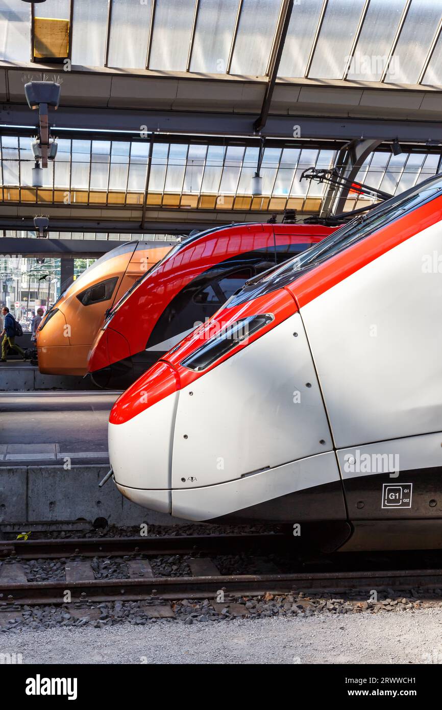 Zurich, Switzerland - August 10, 2023: Passenger trains of SBB ...