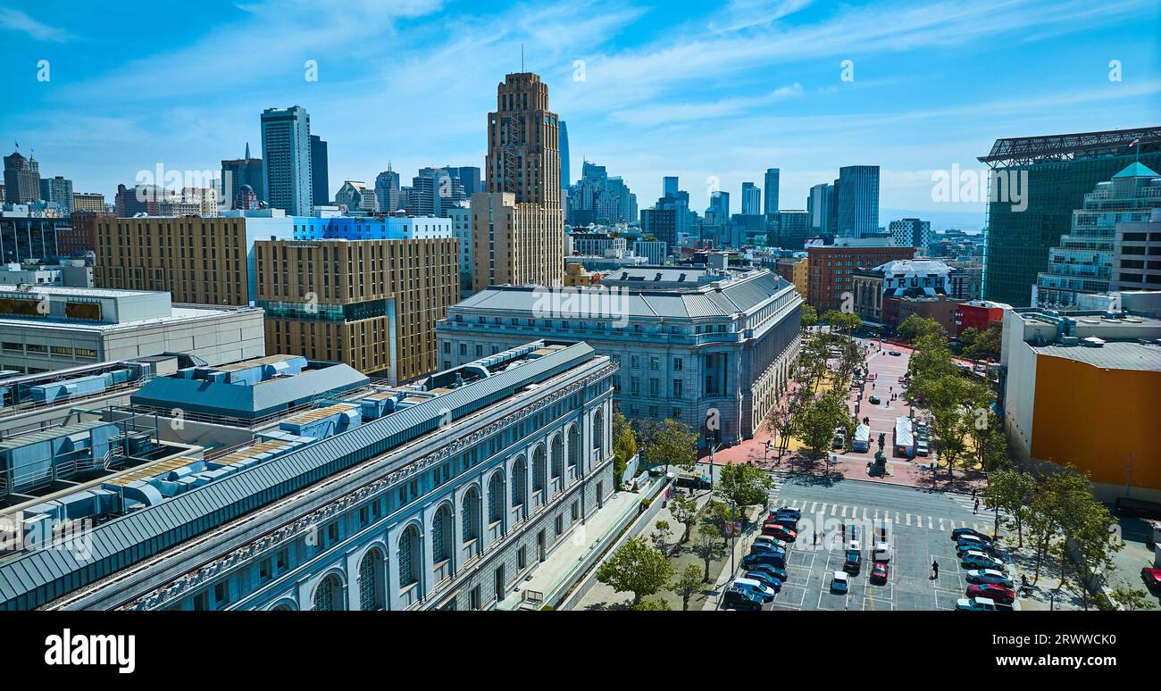 Aerial government buildings with distant view of downtown skyscrapers ...