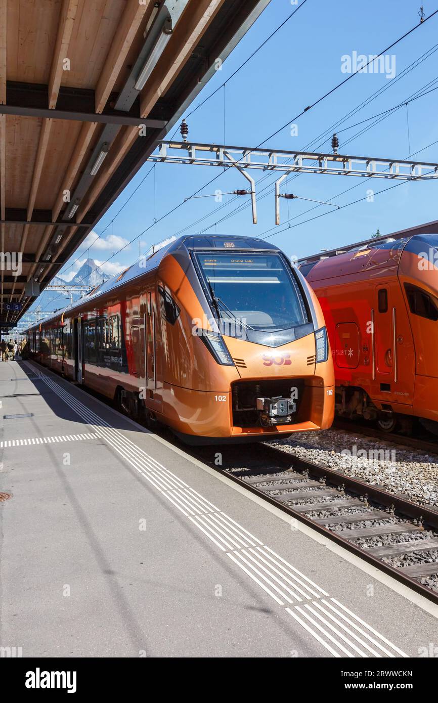 Arth, Switzerland - August 11, 2023: Passenger trains type Stadler ...