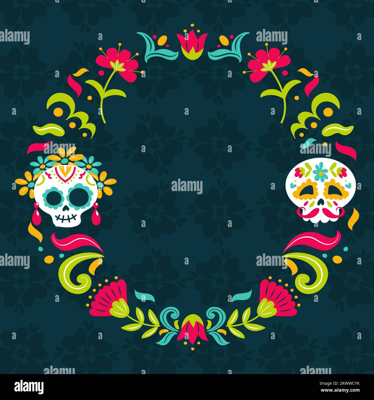 Day of the Dead. Dia de Muertos. Round frame, wreath. Catrina, the ...