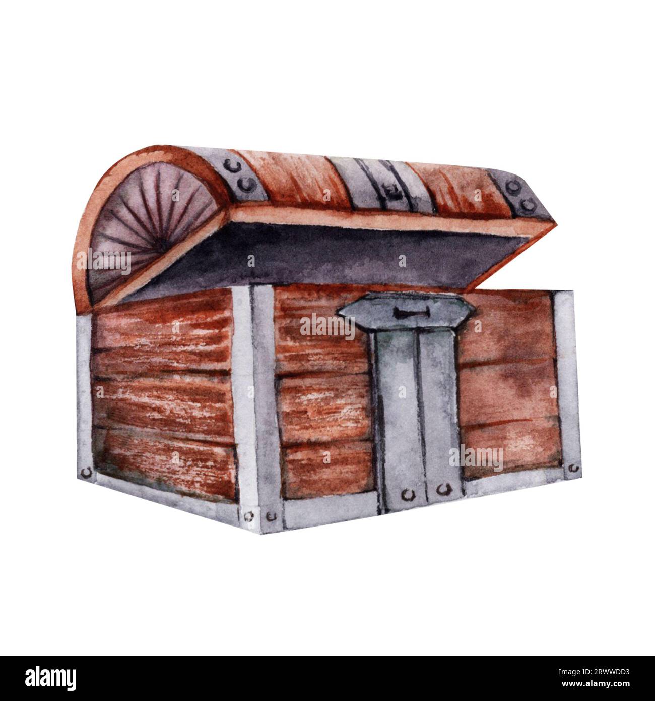 Watercolor open wooden chest isolated on white background. Hand drawn ...