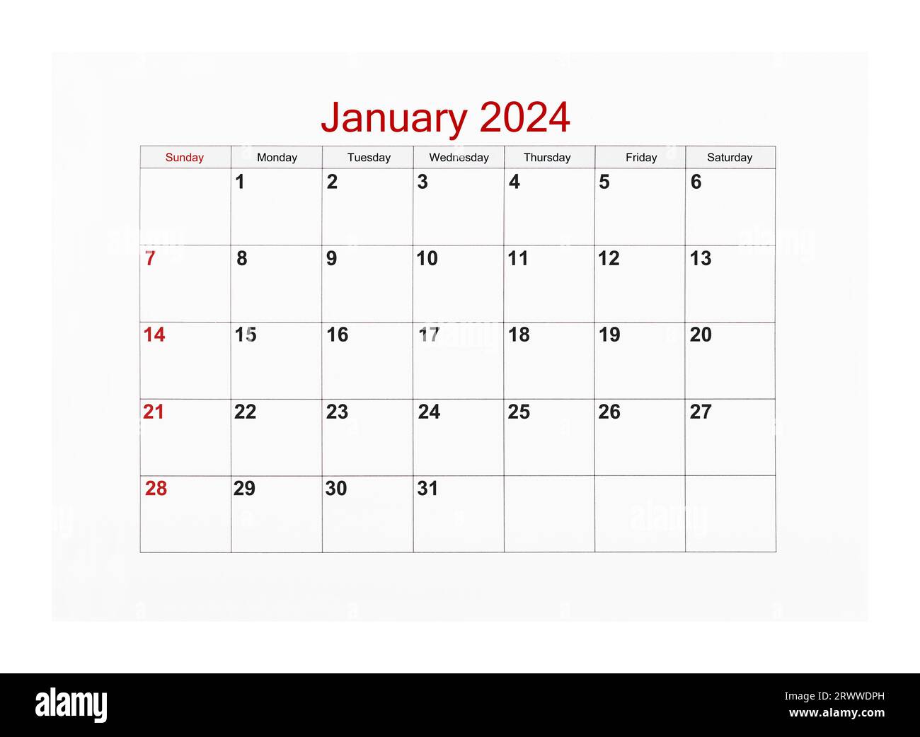 January 2024 Calendar page for 2024 year isolated on white background ...