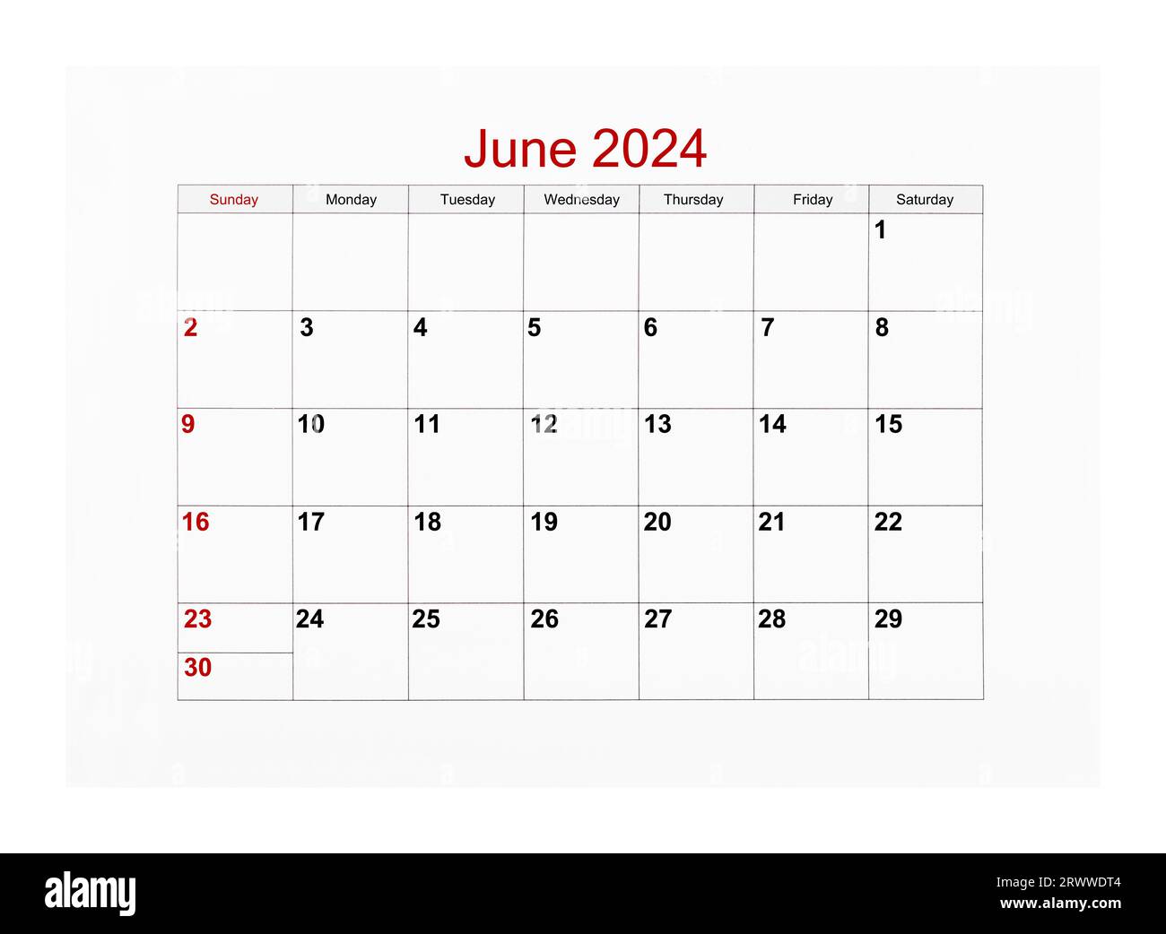 June 2024 Calendar page for 2024 year isolated on white background ...