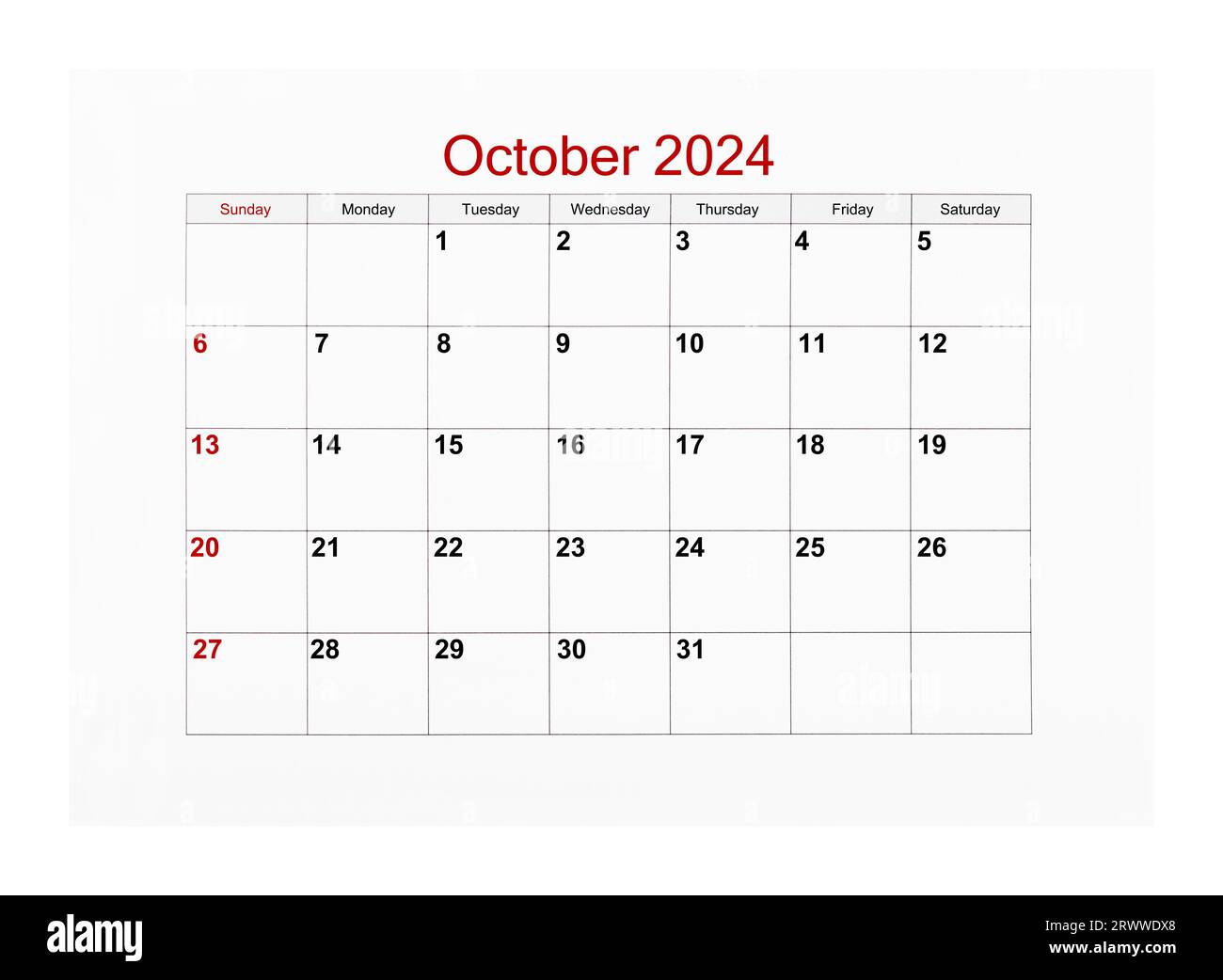 October 2024 Calendar page for 2024 year isolated on white background ...