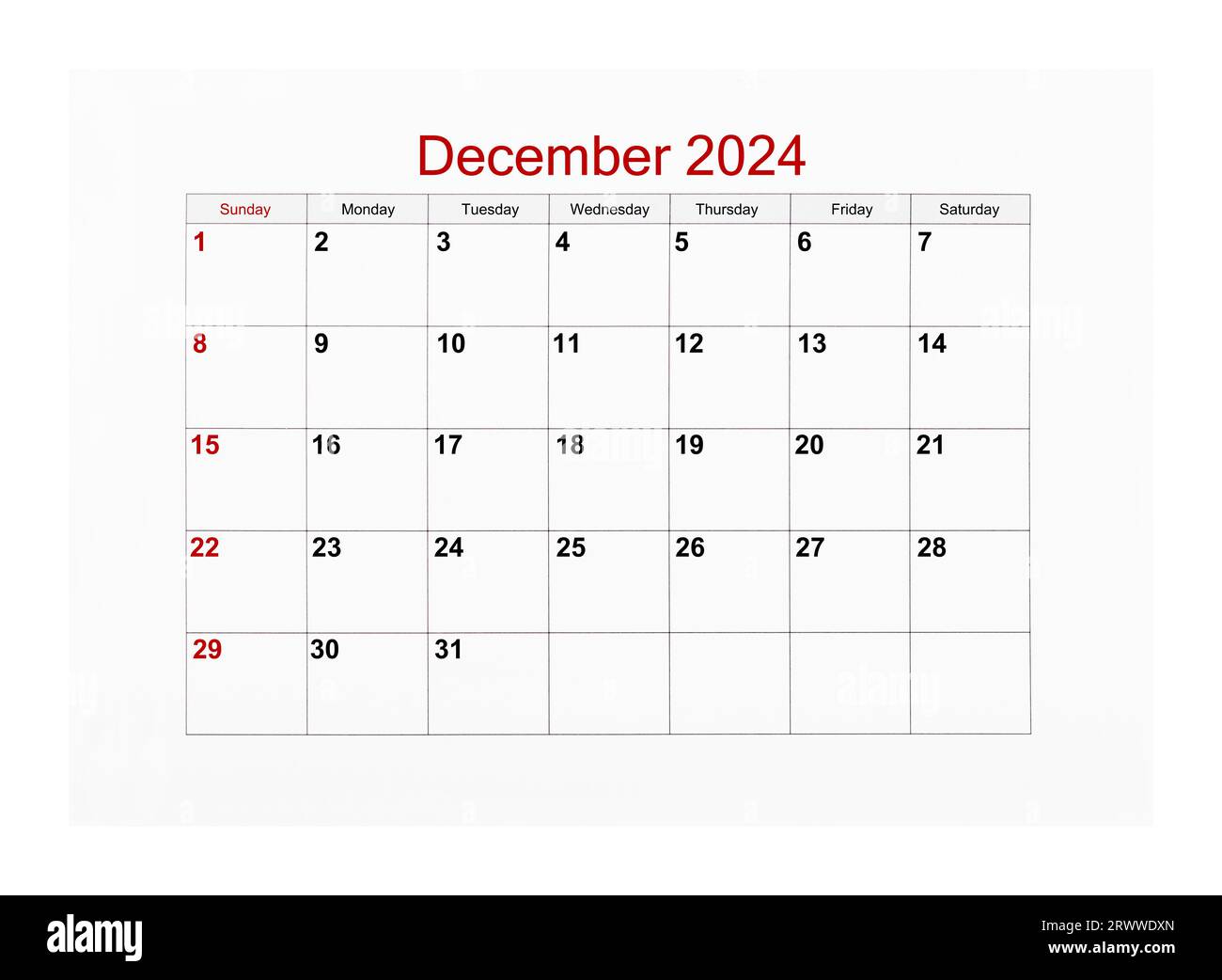 December 2024 Calendar page for 2024 year isolated on white background ...