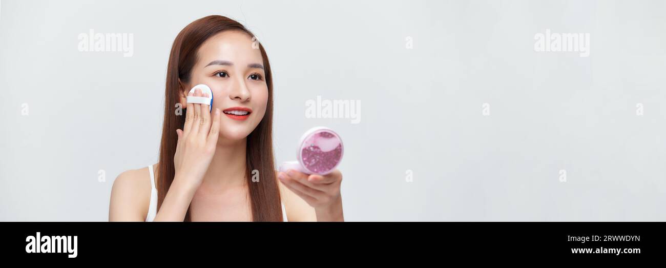 Banner of flawless perfect cosmetic skin woman put powder puff on her ...