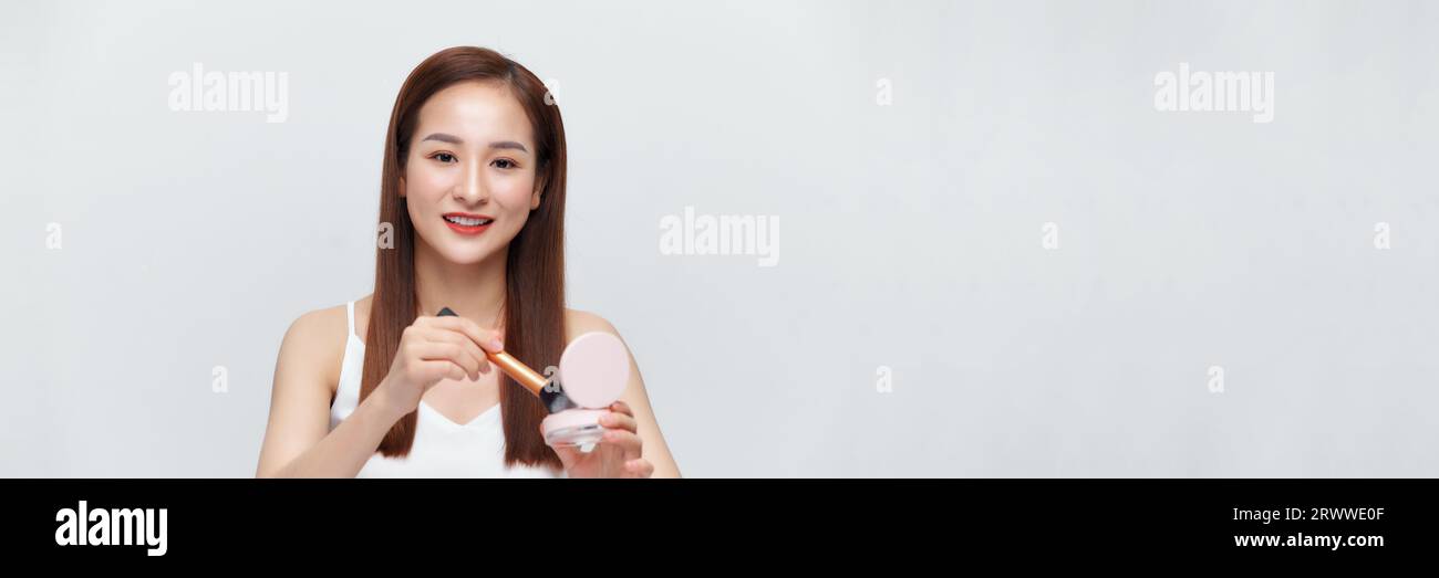 Banner of flawless perfect cosmetic skin woman put powder puff on her ...