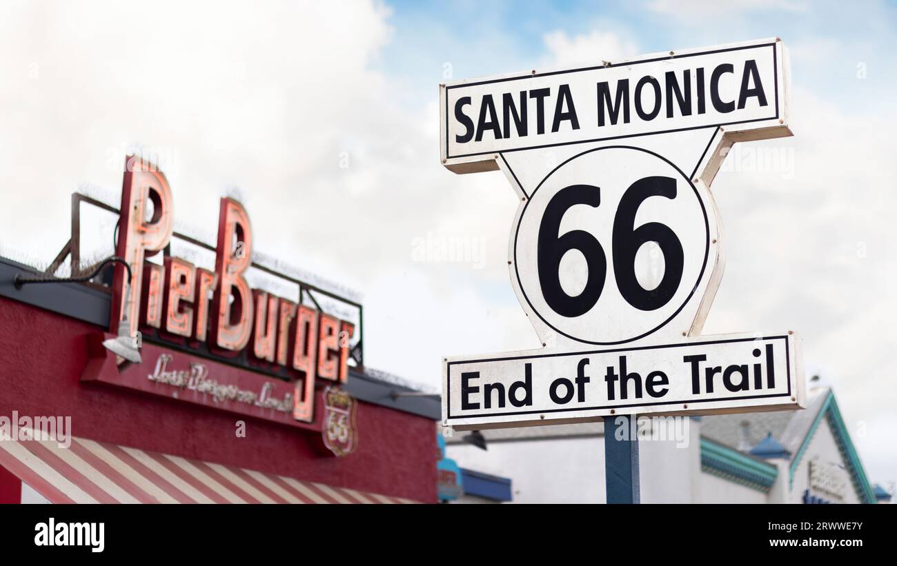 A sign of the end of route 66 in Santa Monica, Los Angeles Stock Photo ...