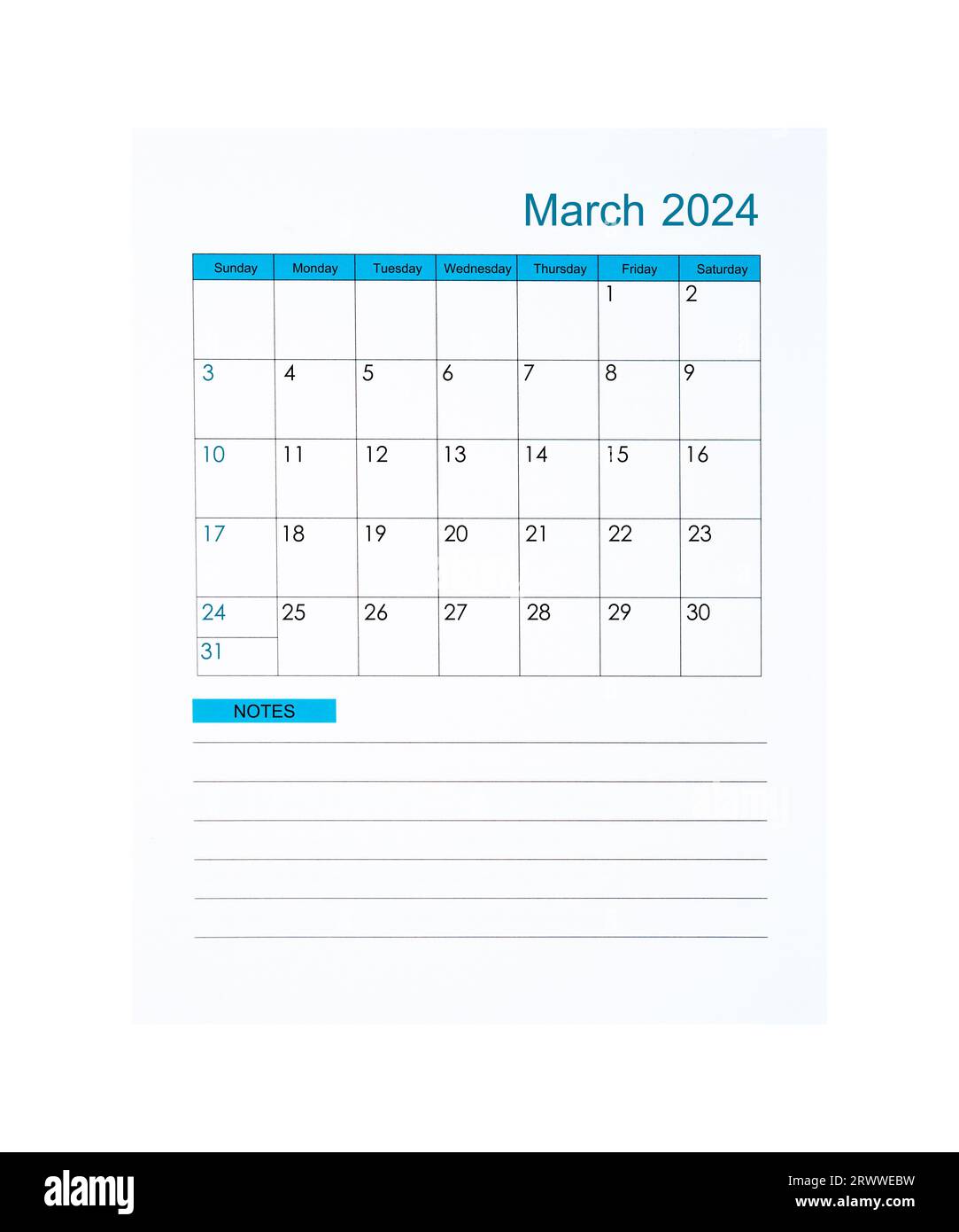 Vertical of March 2024 Calendar page for 2024 year isolated on white ...