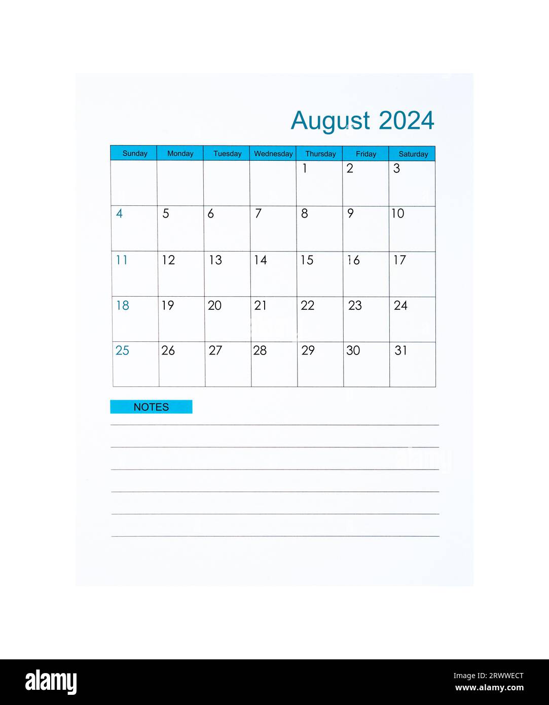 Vertical of August 2024 Calendar page for 2024 year isolated on white ...