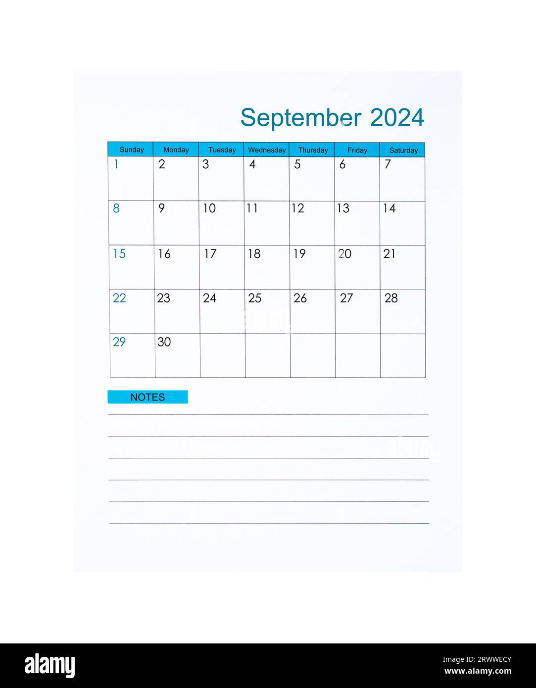 Vertical of September 2024 Calendar page for 2024 year isolated on ...
