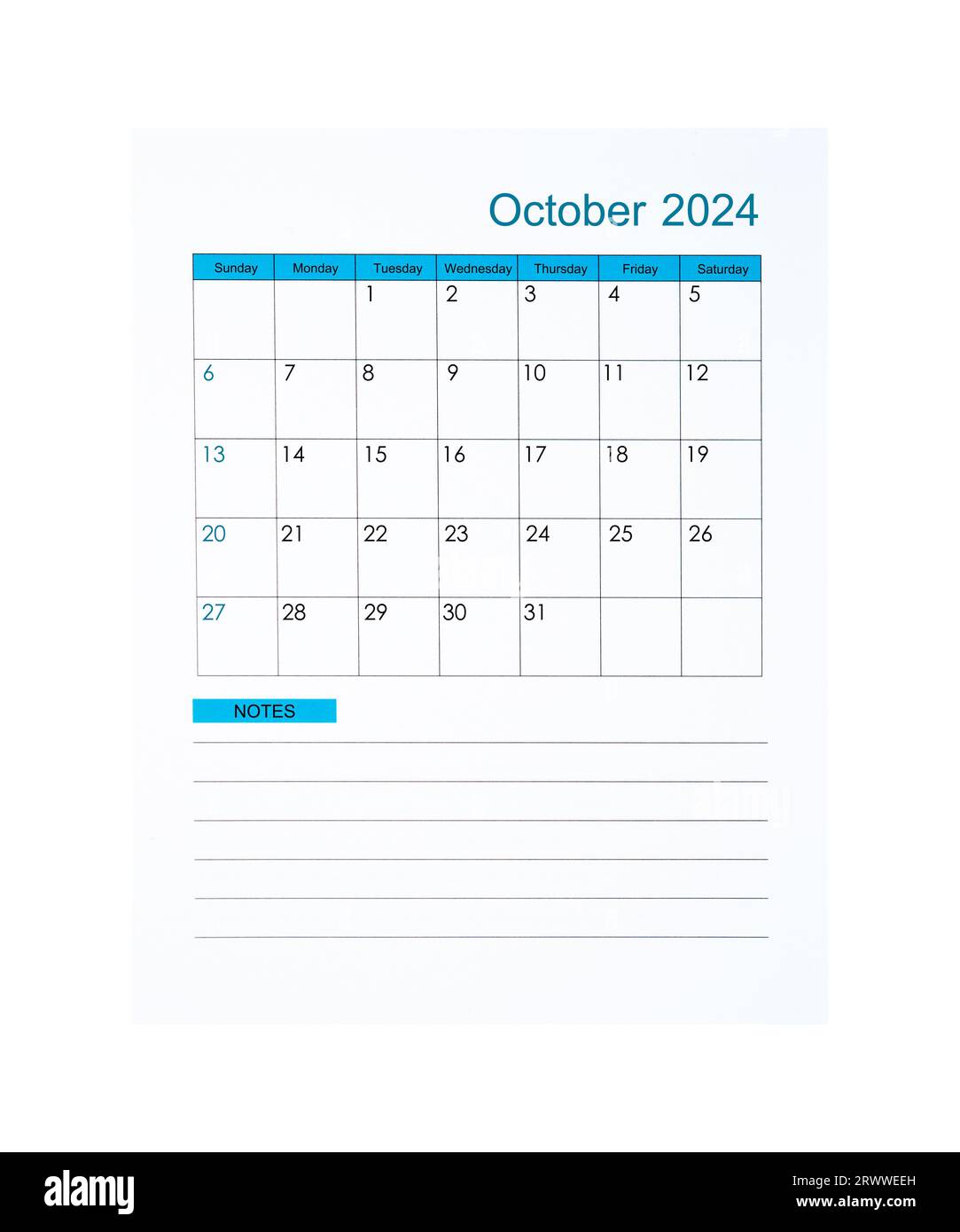Vertical of October 2024 Calendar page for 2024 year isolated on white ...