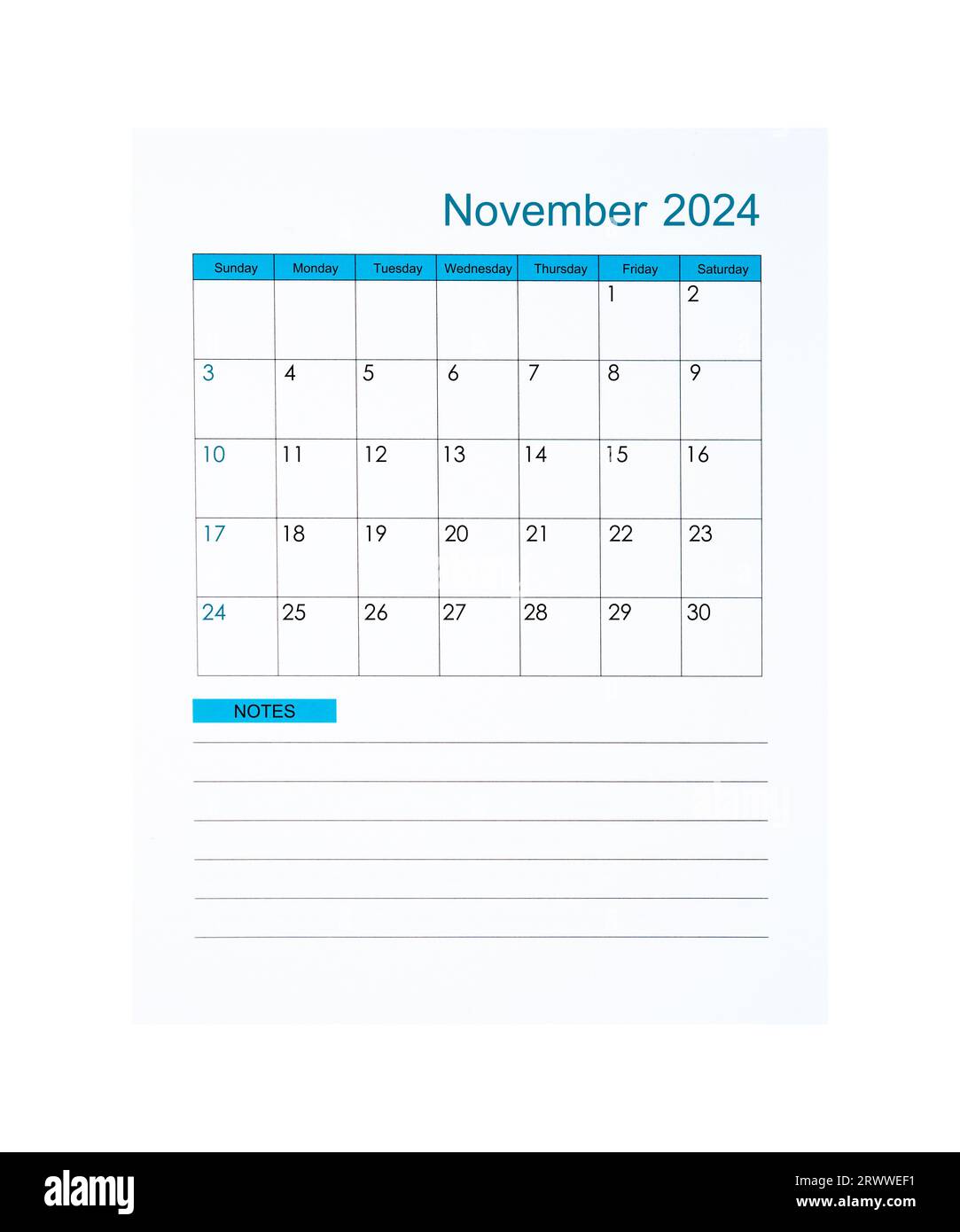 Vertical of November 2024 Calendar page for 2024 year isolated on white ...