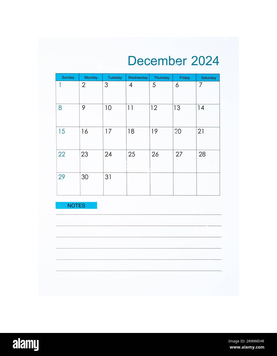 Vertical of December 2024 Calendar page for 2024 year isolated on white ...