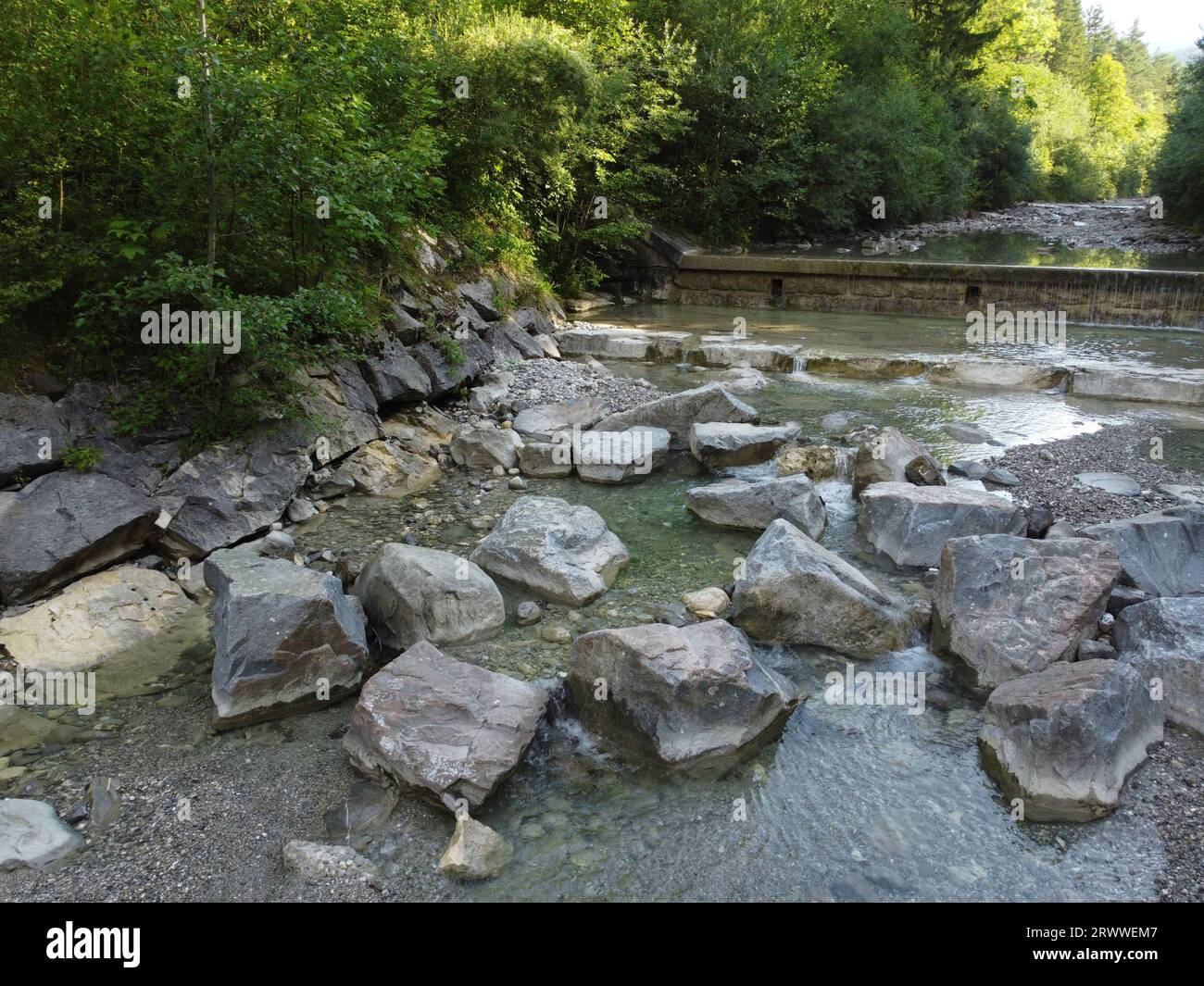 Stream in a natural area in Upper Bavaria with barrages and large ...