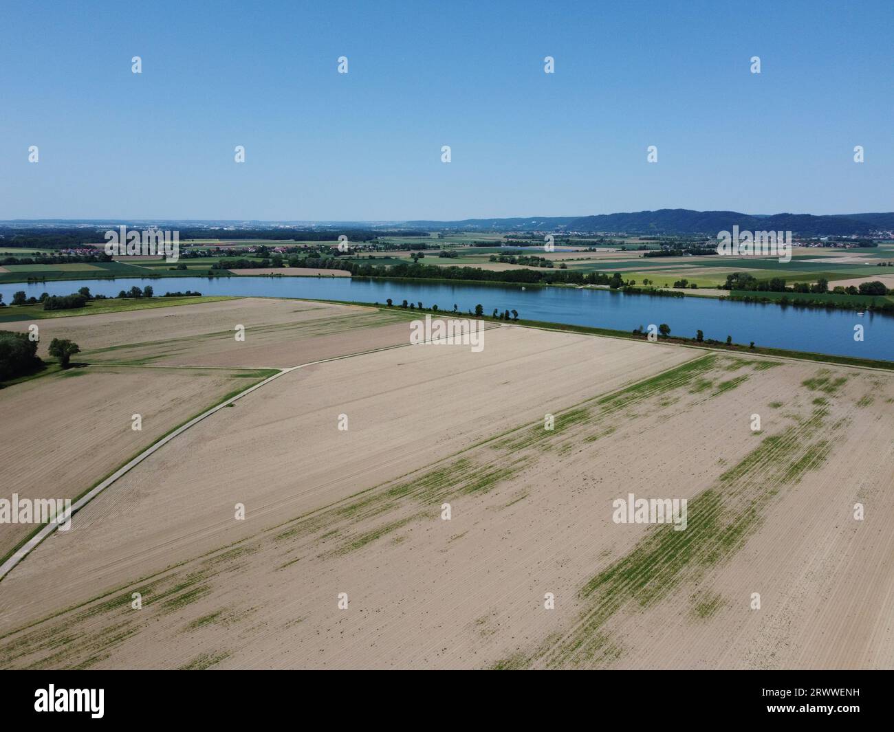 Danube river with dried up fields near Woerth Donau and the lock in ...