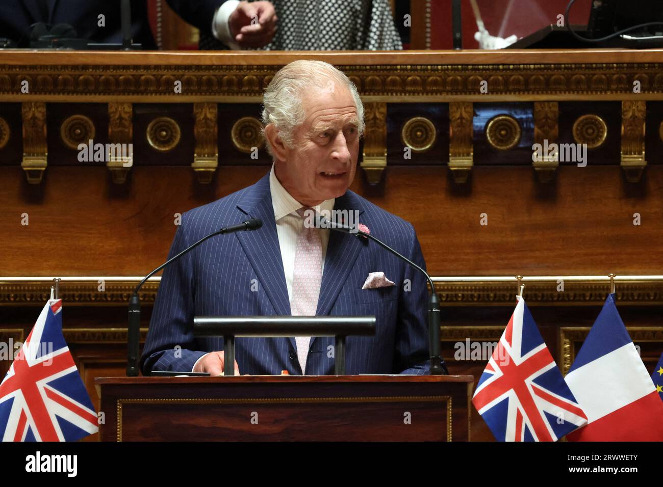 Paris, France. 21st Sep, 2023. Britain's King Charles addresses ...