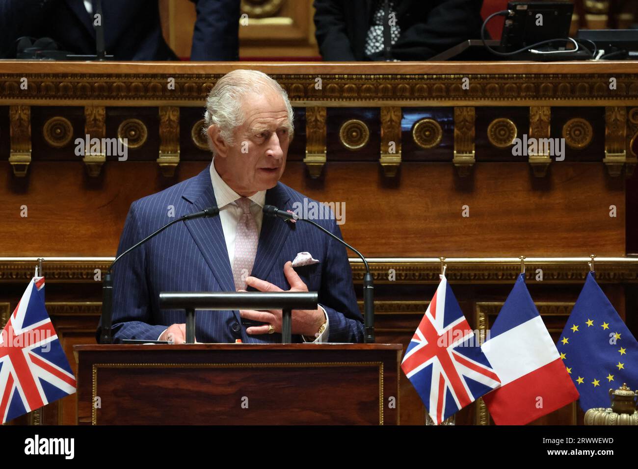 Paris, France. 21st Sep, 2023. Britain's King Charles addresses ...