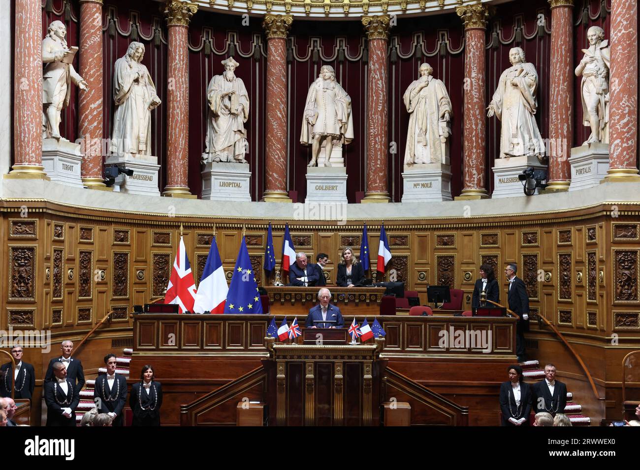 Paris, France. 21st Sep, 2023. Britain's King Charles addresses ...