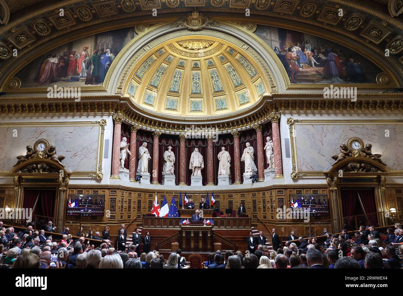Paris, France. 21st Sep, 2023. Britain's King Charles addresses ...