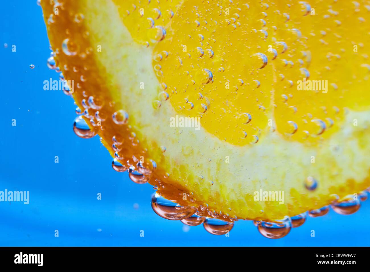 Macro of bubbles clinging to orange slice with blue background Stock ...