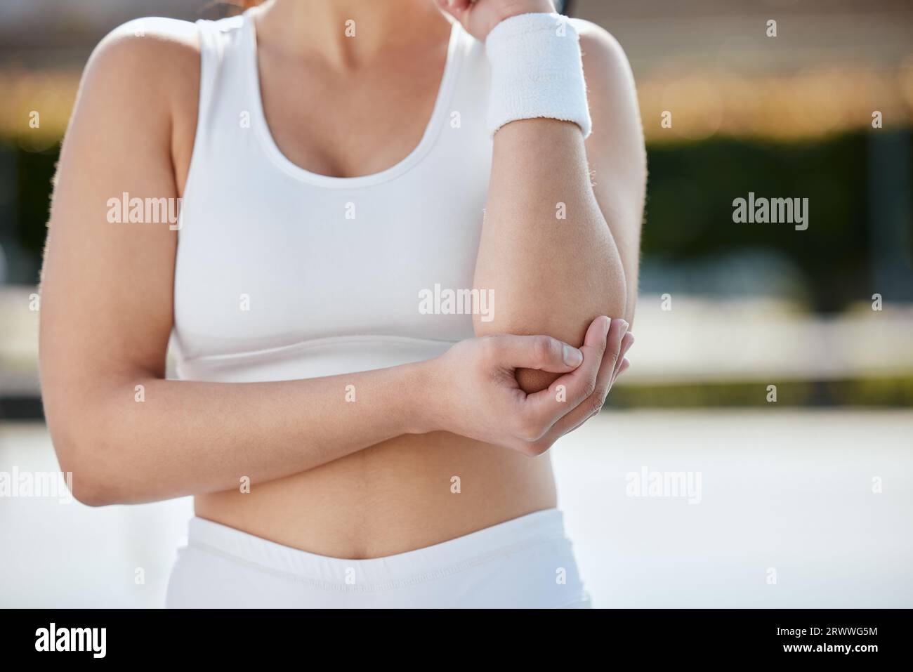 Elbow pain, tennis arm or sports person with medical problem, injury or ...