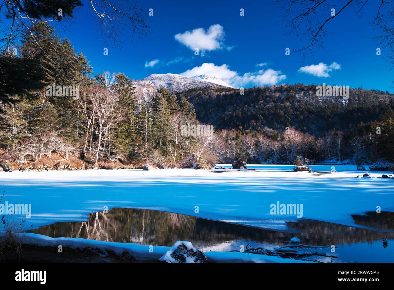 Lake Akan Waterfalls Winter and Mount Ouaman Stock Photo - Alamy