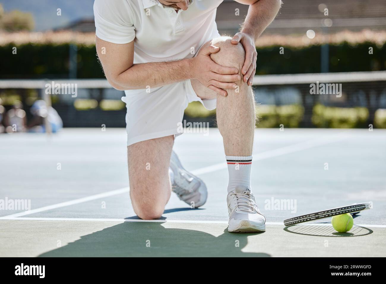 Knee pain, tennis legs and sports person with medical problem, injury ...