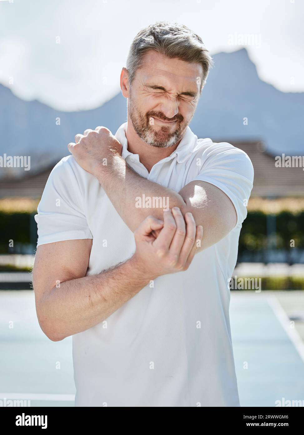 Arm pain, tennis and sports man with medical problem, elbow injury and ...