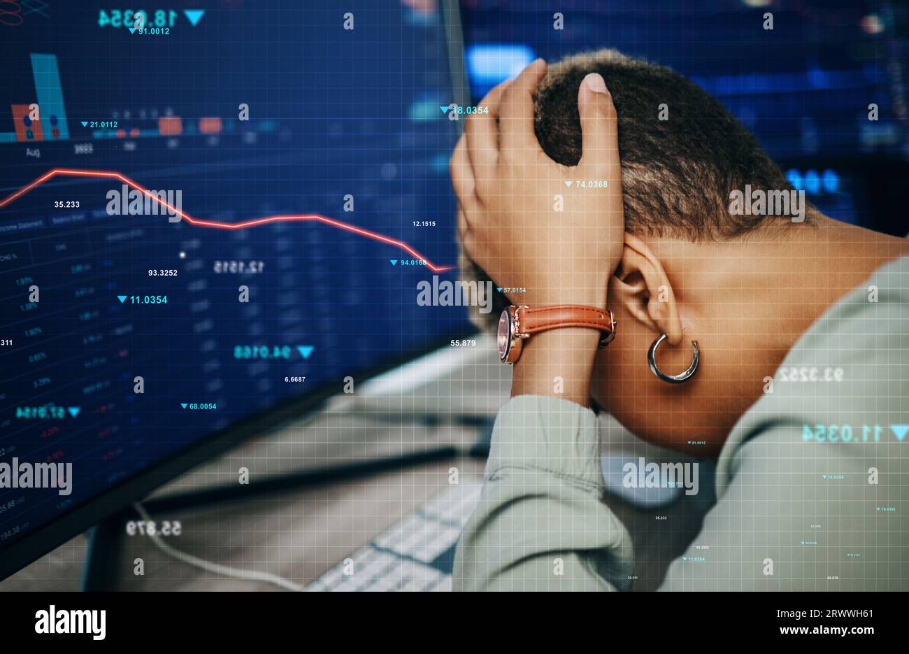 Trader, stress and stock market overlay, computer screen and trading ...
