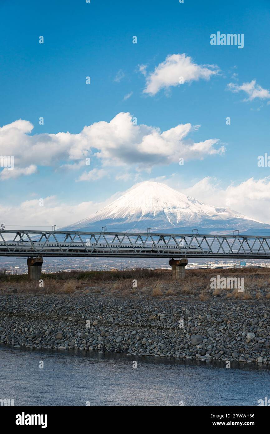 Mt. Fuji and the Shinkansen bullet train traveling on the railroad ...