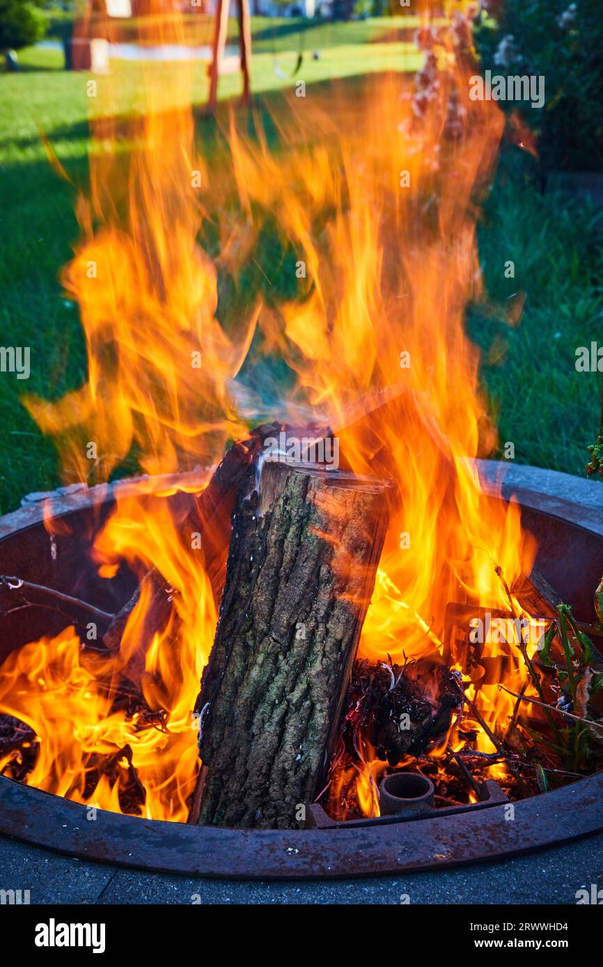 Backyard fire pit with green lawn in round pit with tall orange and ...